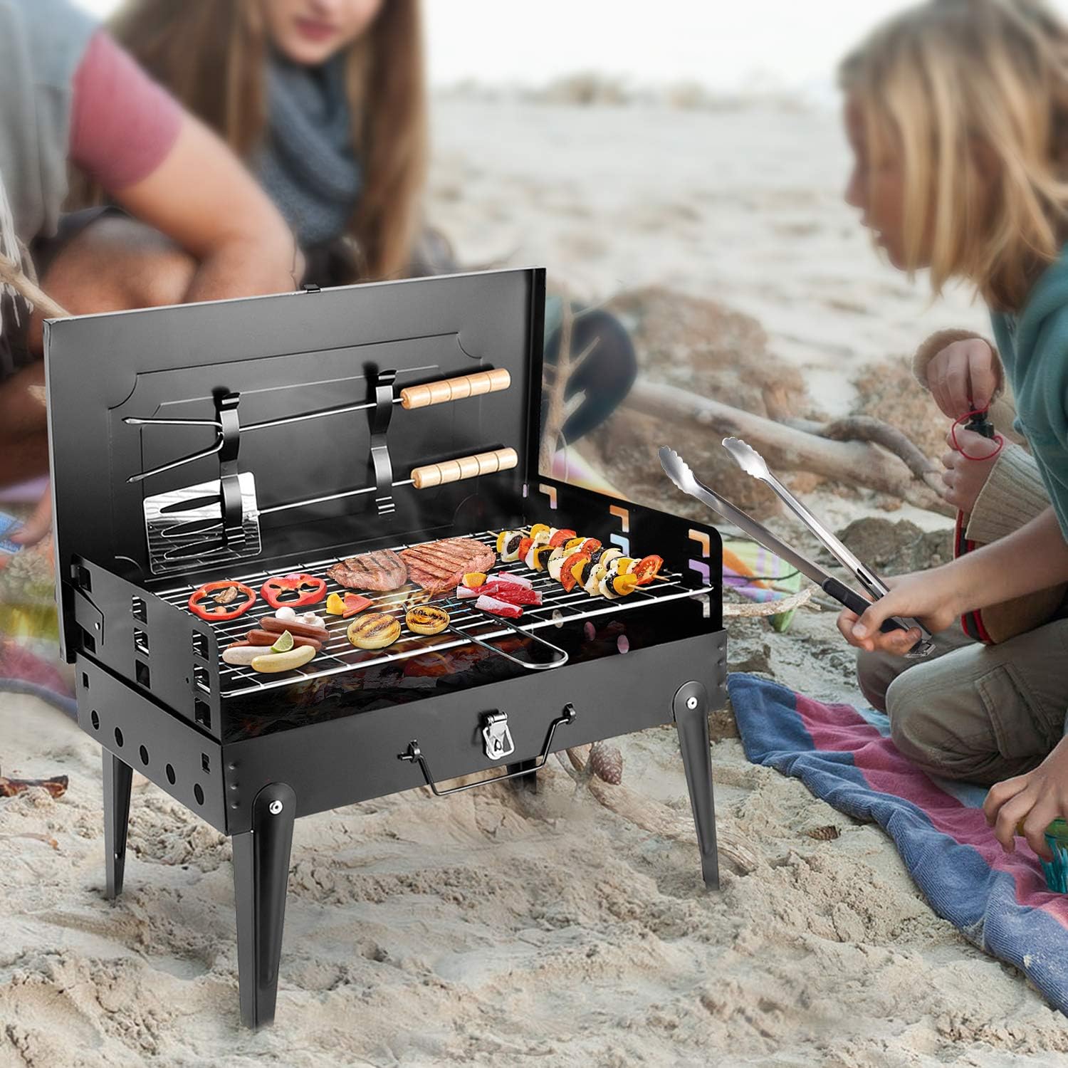 Portable Camping BBQ Grill, Charcoal Barbecue Stove Set