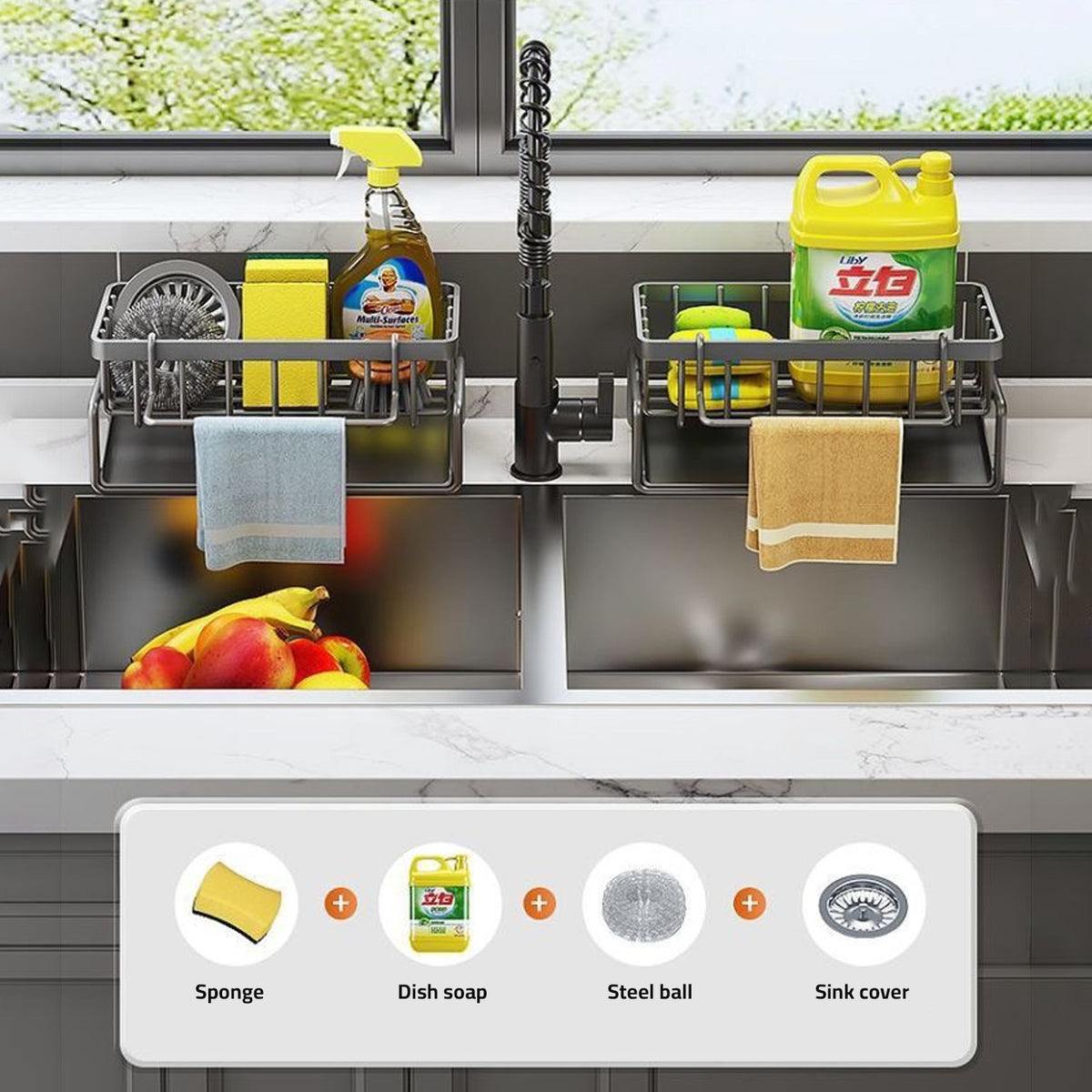 Rustproof Stainless Steel Sink Organizer Rack - Kitchen Sponge, Soap,