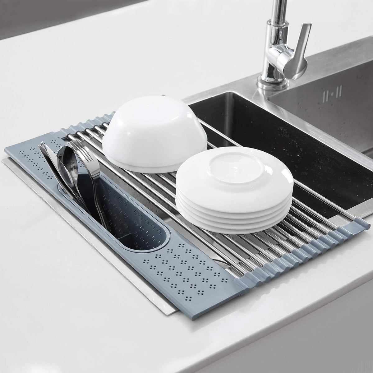 Stainless Steel Kitchen Sink Dish Drainer, Rollable Dish Drying Rack f