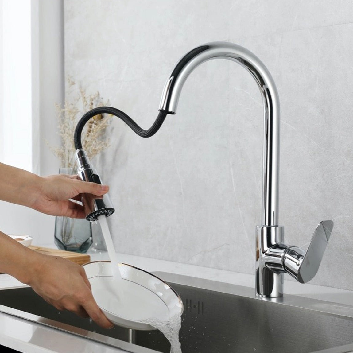 Multi-functional Kitchen Pull Out Tap, Stainless Steel Kitchen Sink Fa